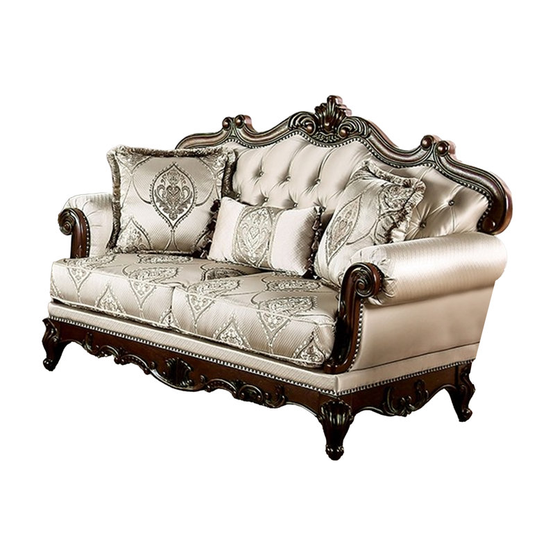 Benjara Vera Loveseat, Tufted Beige, Rolled Arms, Solid Wood, 70 Inch | Wayfair